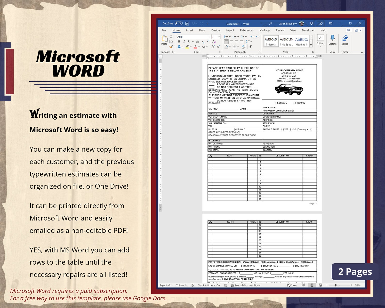 Florida Auto Repair Invoice Template WORD, Auto Repair Estimate ...