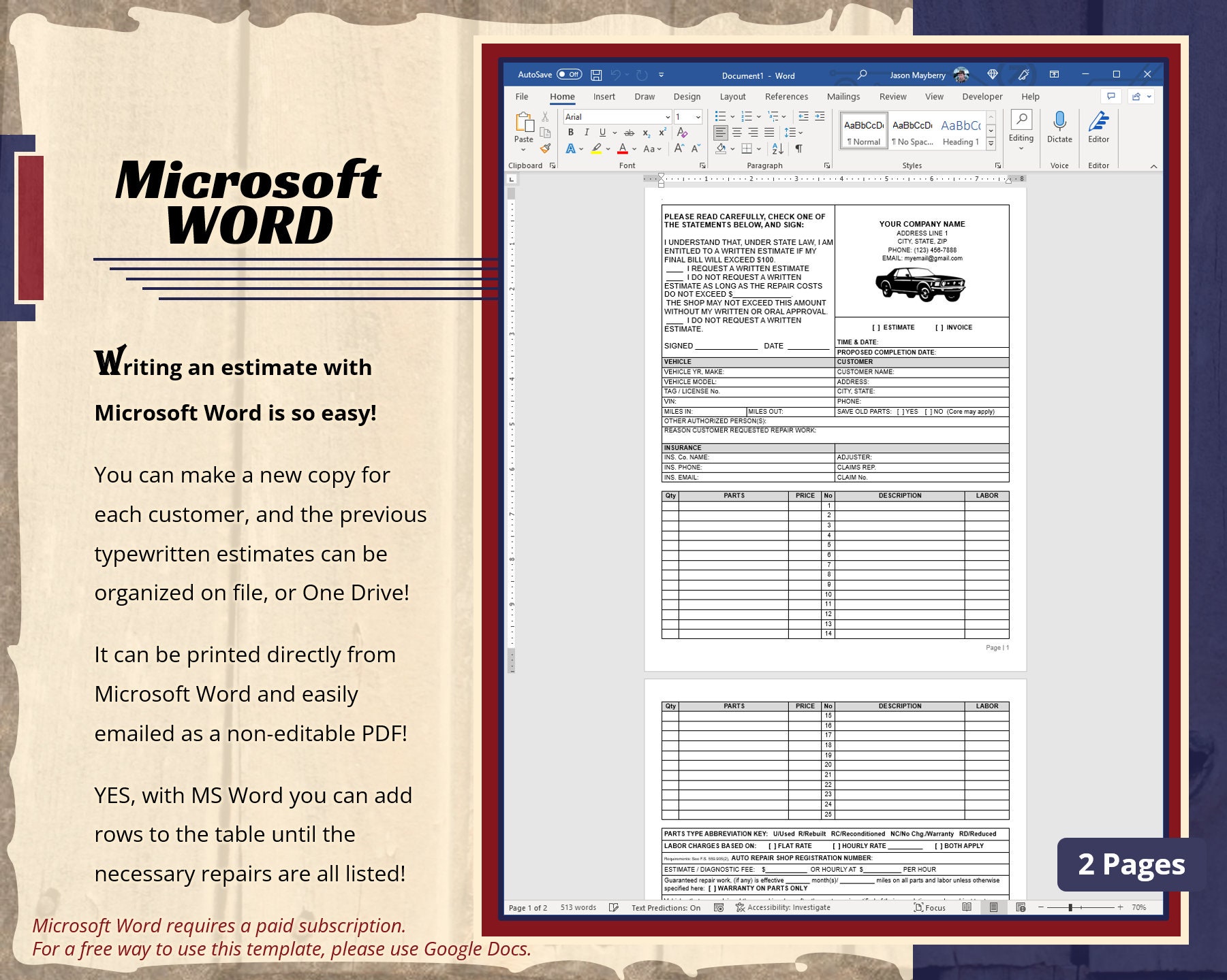 Florida Auto Repair Invoice Template WORD, Auto Repair Estimate ...