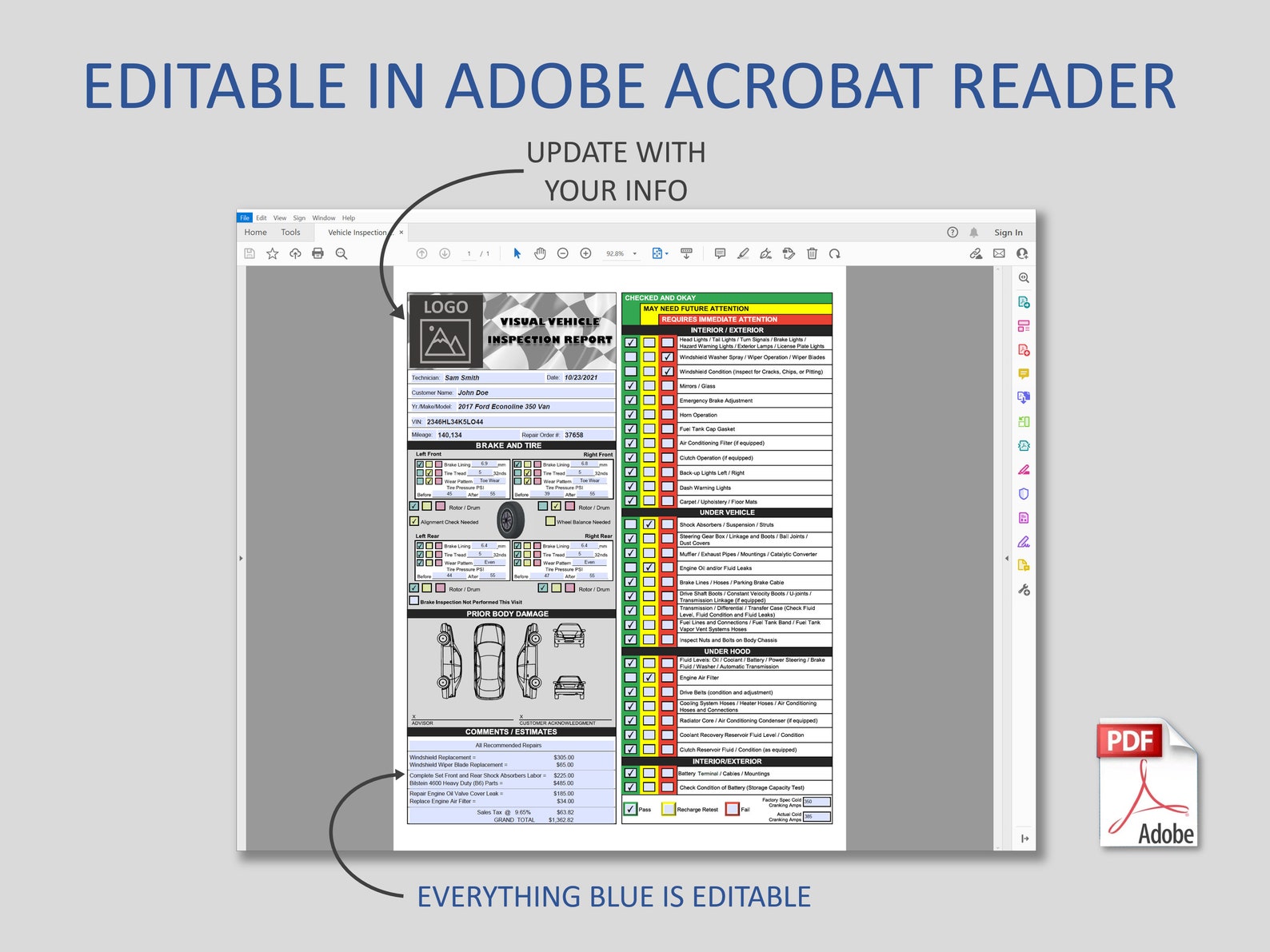 Visual Vehicle Inspection Report Fillable PDF Multi-point - Etsy
