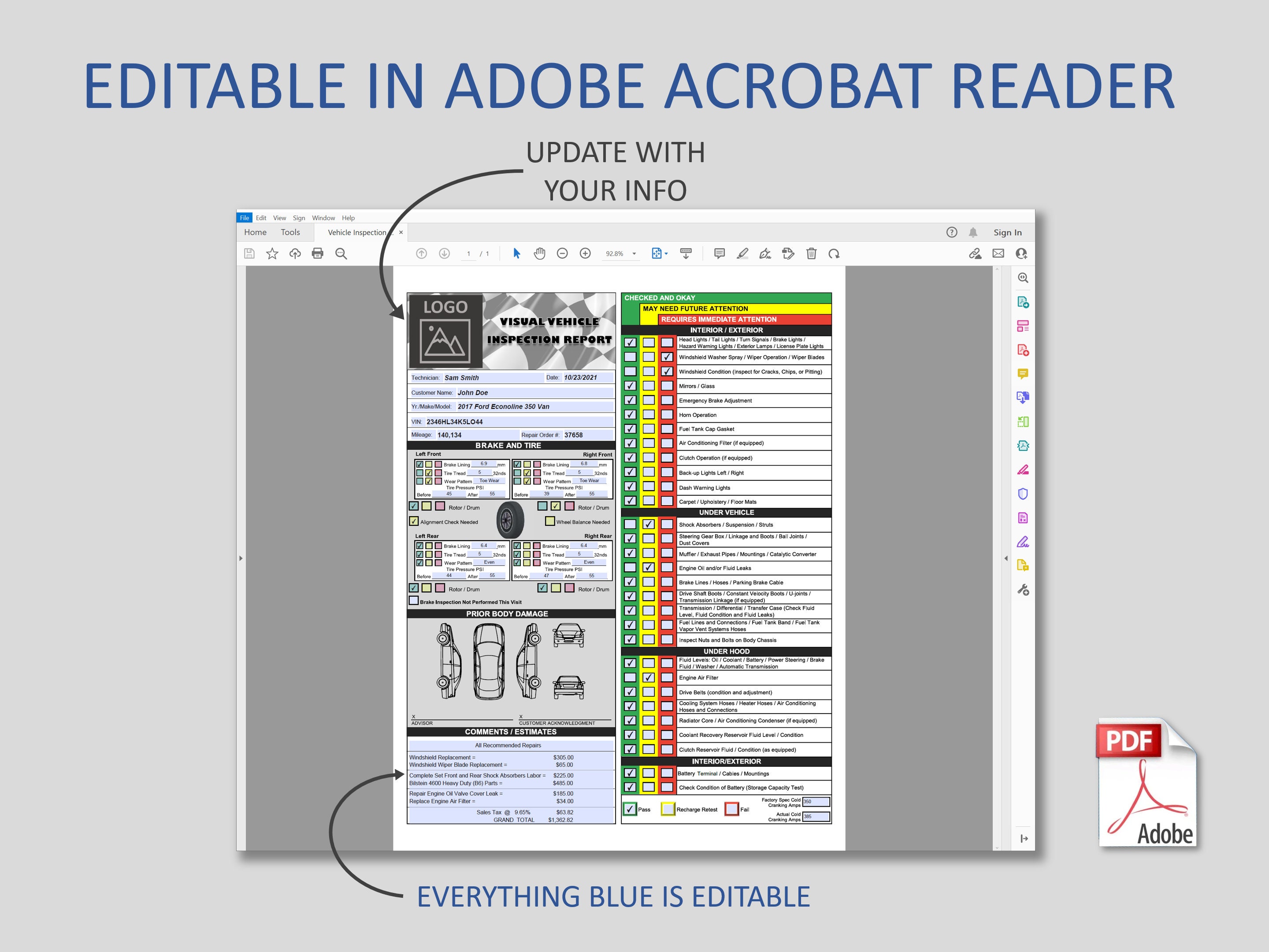 Visual Vehicle Inspection Report Fillable PDF Multi-point - Etsy