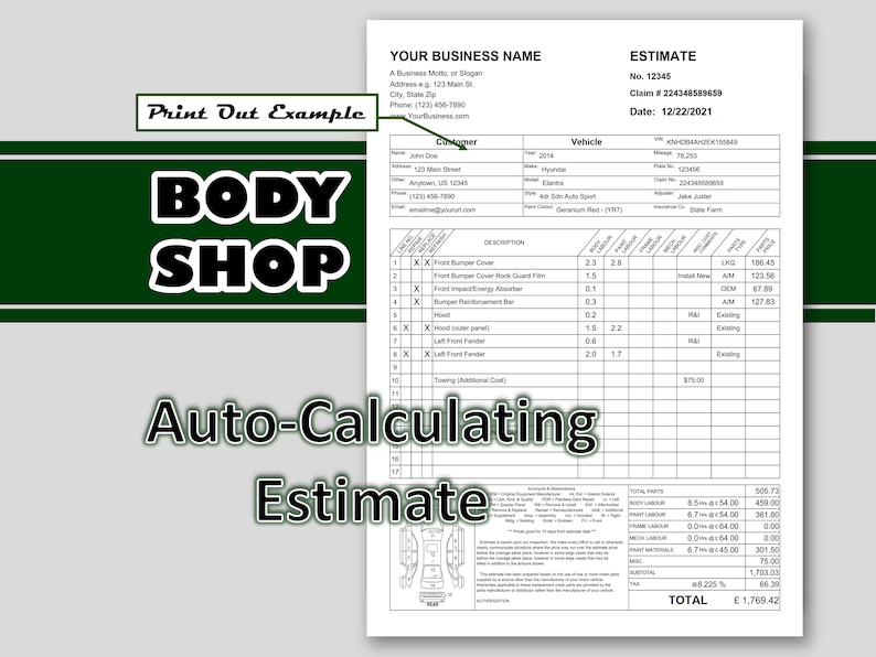 Auto Body Shop COLLISION Repair ESTIMATE British Paper Size - Etsy