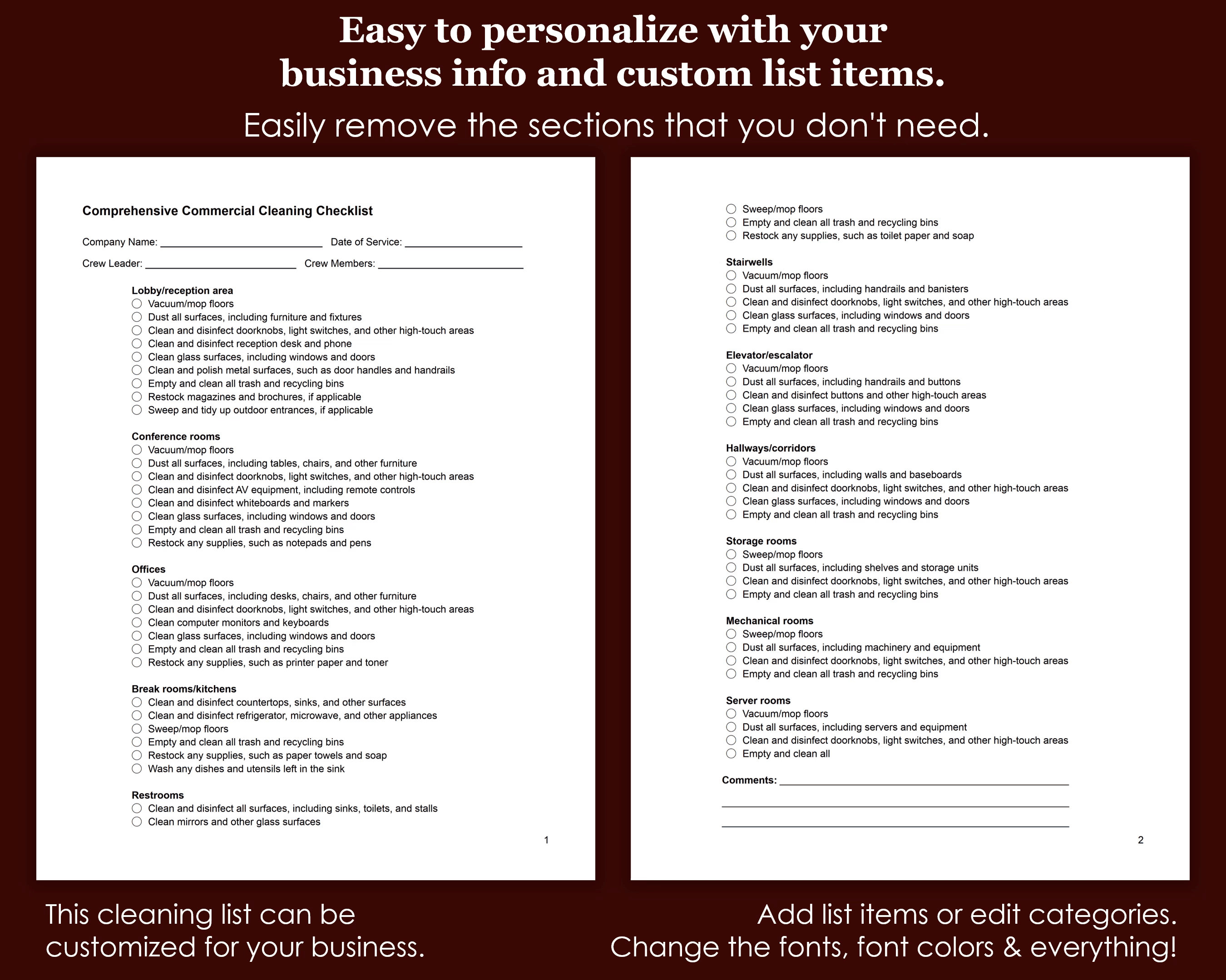 EDITABLE Commercial Cleaning Checklist comprehensive Office - Etsy ...