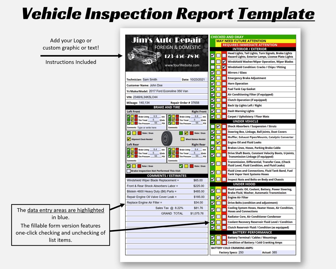 Vehicle Inspection Report, EDITABLE PRINTABLE Used Vehicle Inspection ...