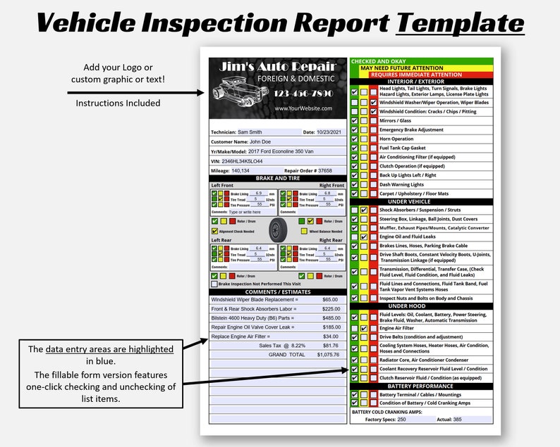 Vehicle Inspection Report, EDITABLE PRINTABLE Used Vehicle Inspection ...