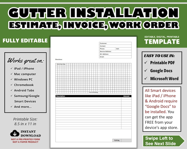 Gutter Installation Estimate, Invoice or Work Order, Printable Rain ...
