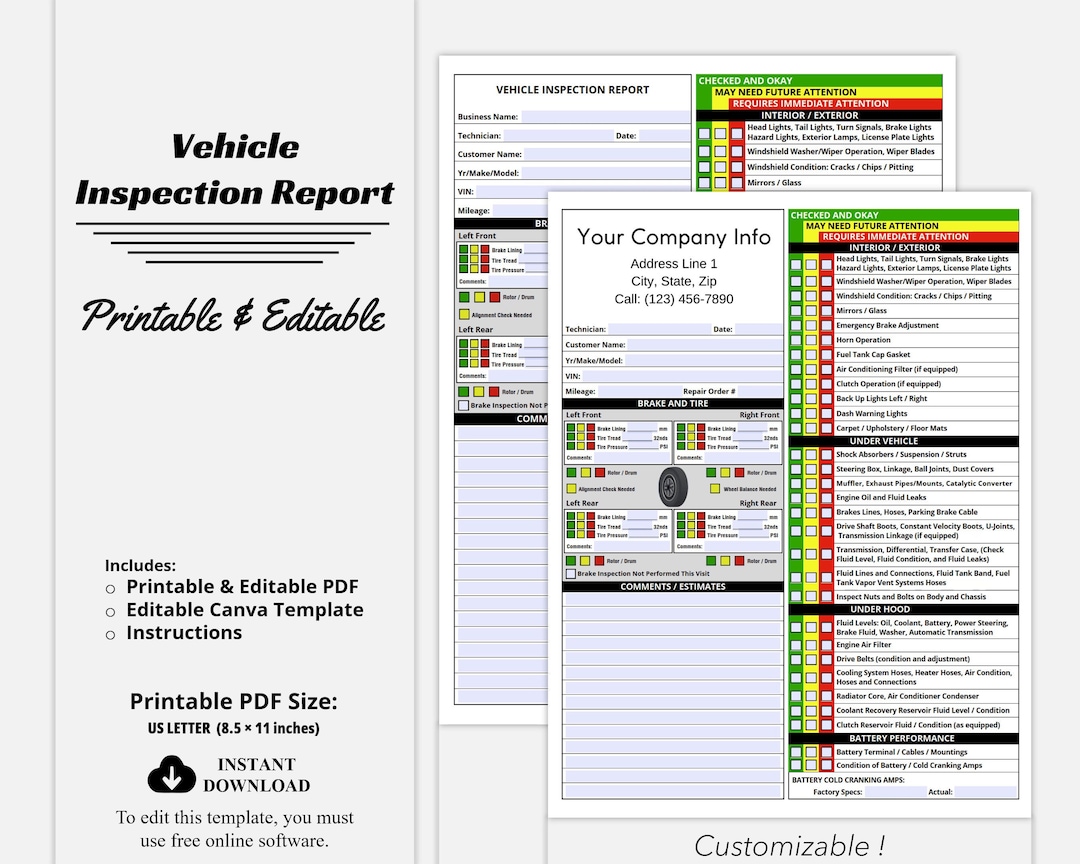 Vehicle Inspection Report, EDITABLE PRINTABLE Used Vehicle Inspection ...