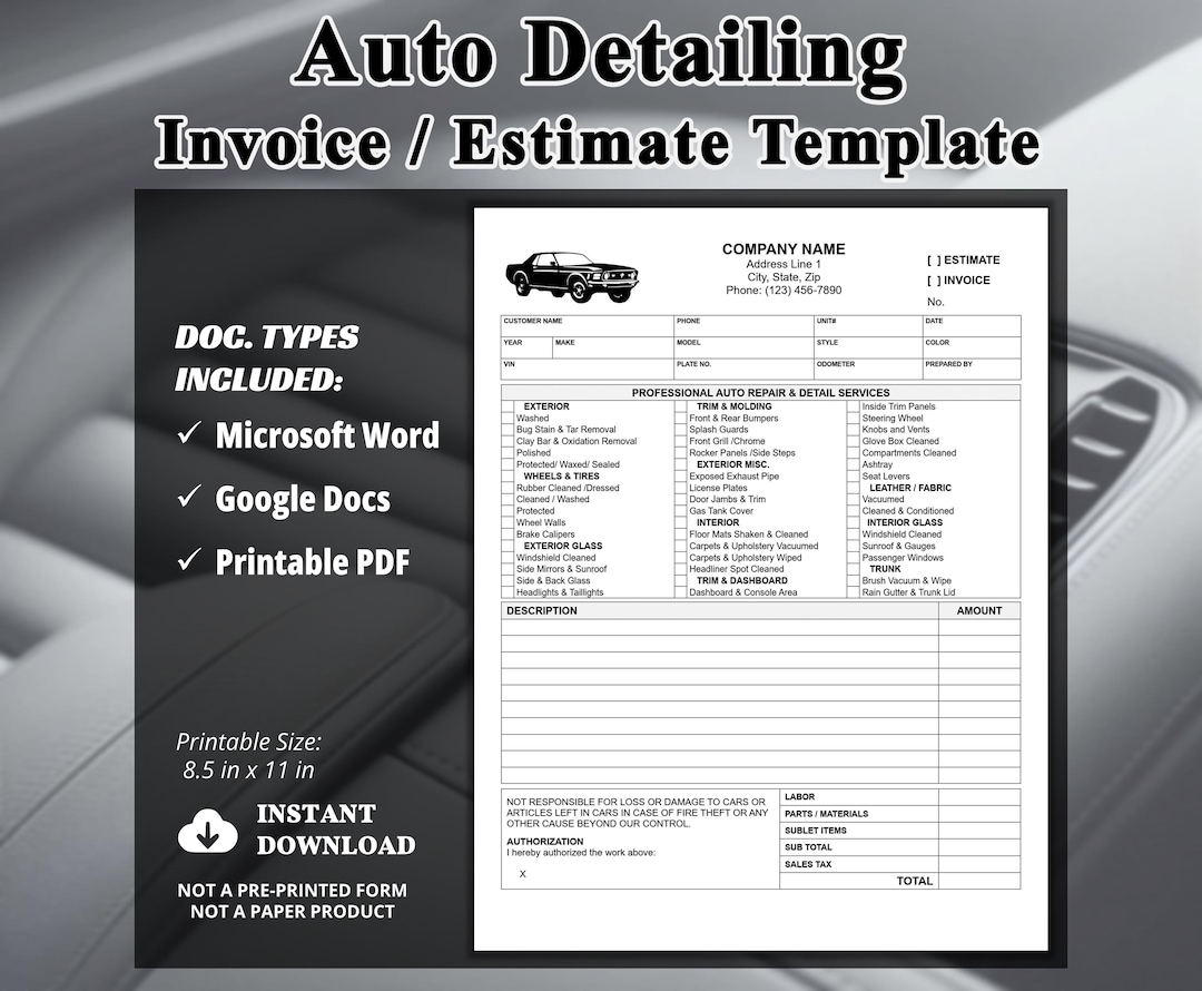 Auto Detailing Invoice Template or Estimate for Auto Services - Auto ...