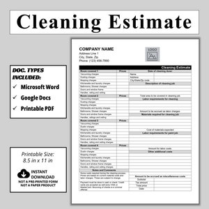 Cleaning Estimate Template, WORD & Google Docs Editable Cleaning ...