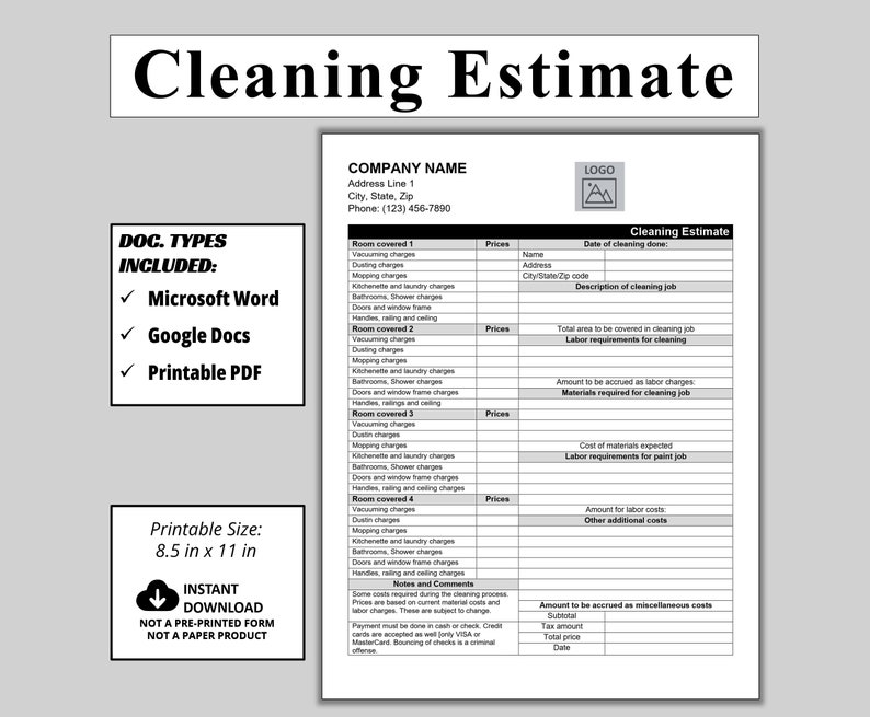 Cleaning Estimate Template, WORD & Google Docs Editable Cleaning ...