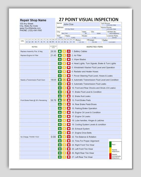27 Point Visual Vehicle Inspection Form Fillable PDF - Etsy