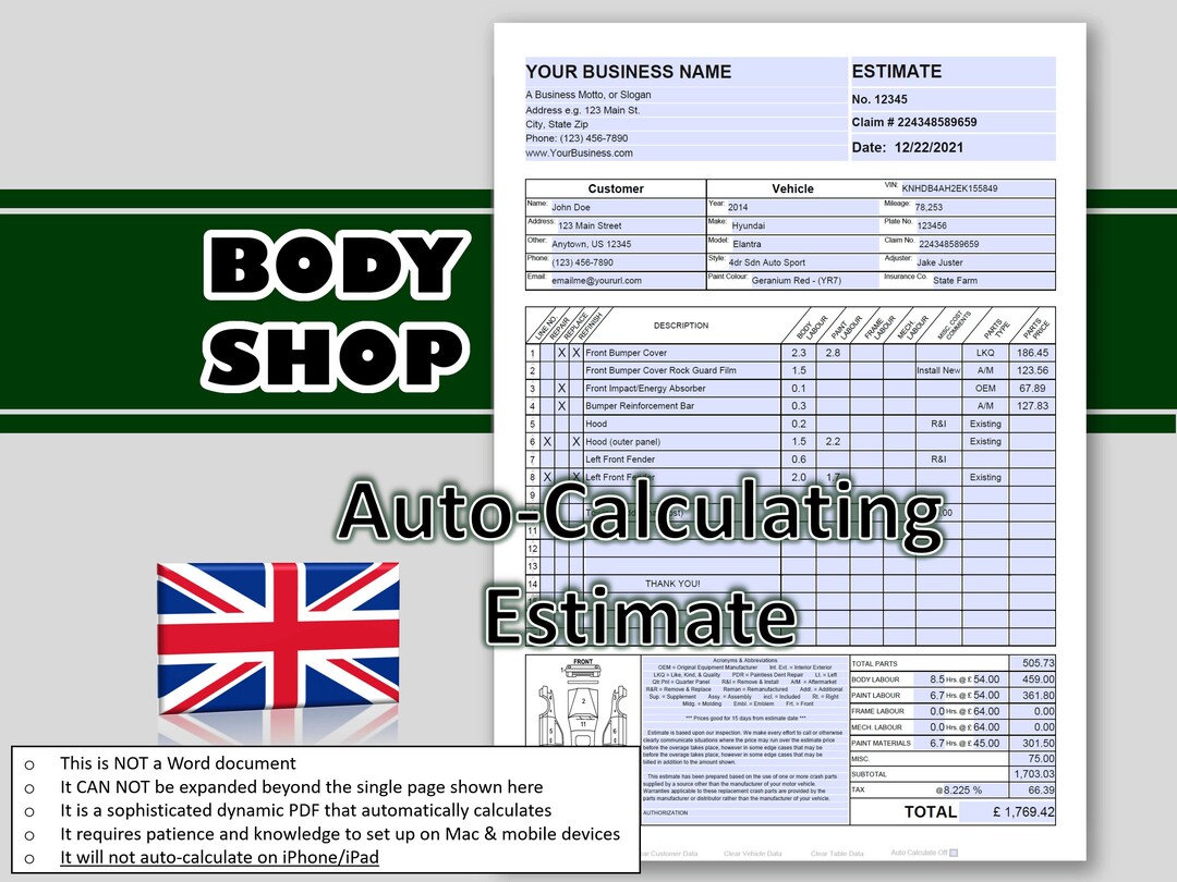 Auto Body Shop COLLISION Repair ESTIMATE, British Paper Size A4 ...