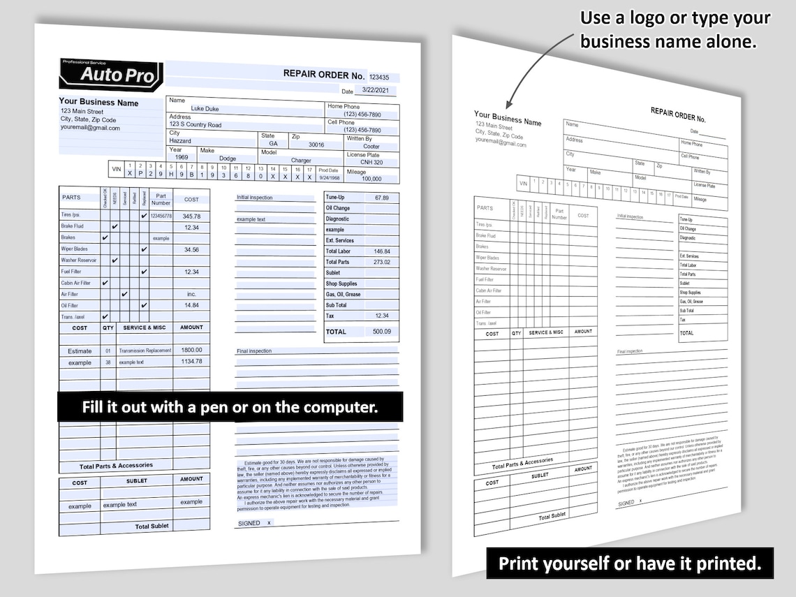 Auto Repair Order or Bill Ticket Invoice Estimate and Auto - Etsy