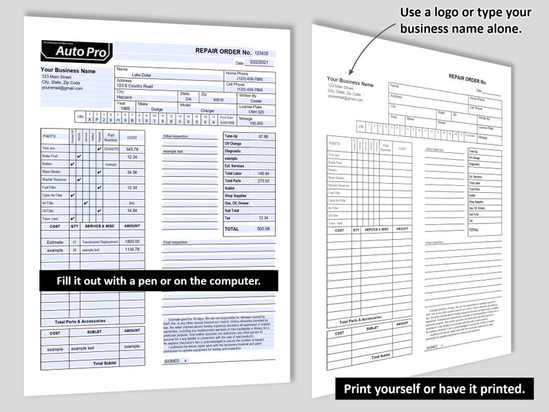 Auto Repair Order or Bill, Ticket, Invoice, Estimate and Auto Repair ...