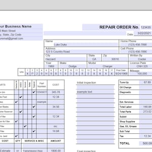 Auto Repair Order or Bill, Ticket, Invoice, Estimate and Auto Repair ...