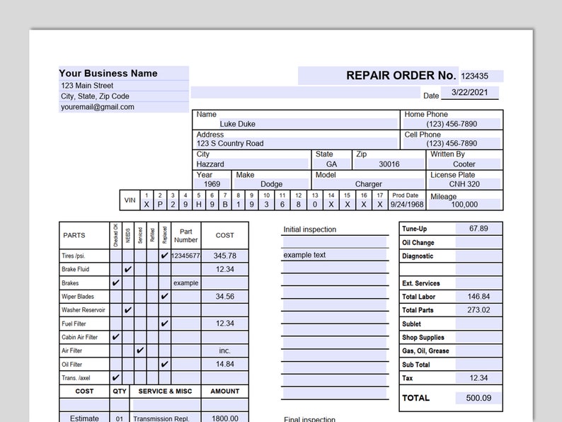 Auto Repair Order or Bill, Ticket, Invoice, Estimate and Auto Repair ...