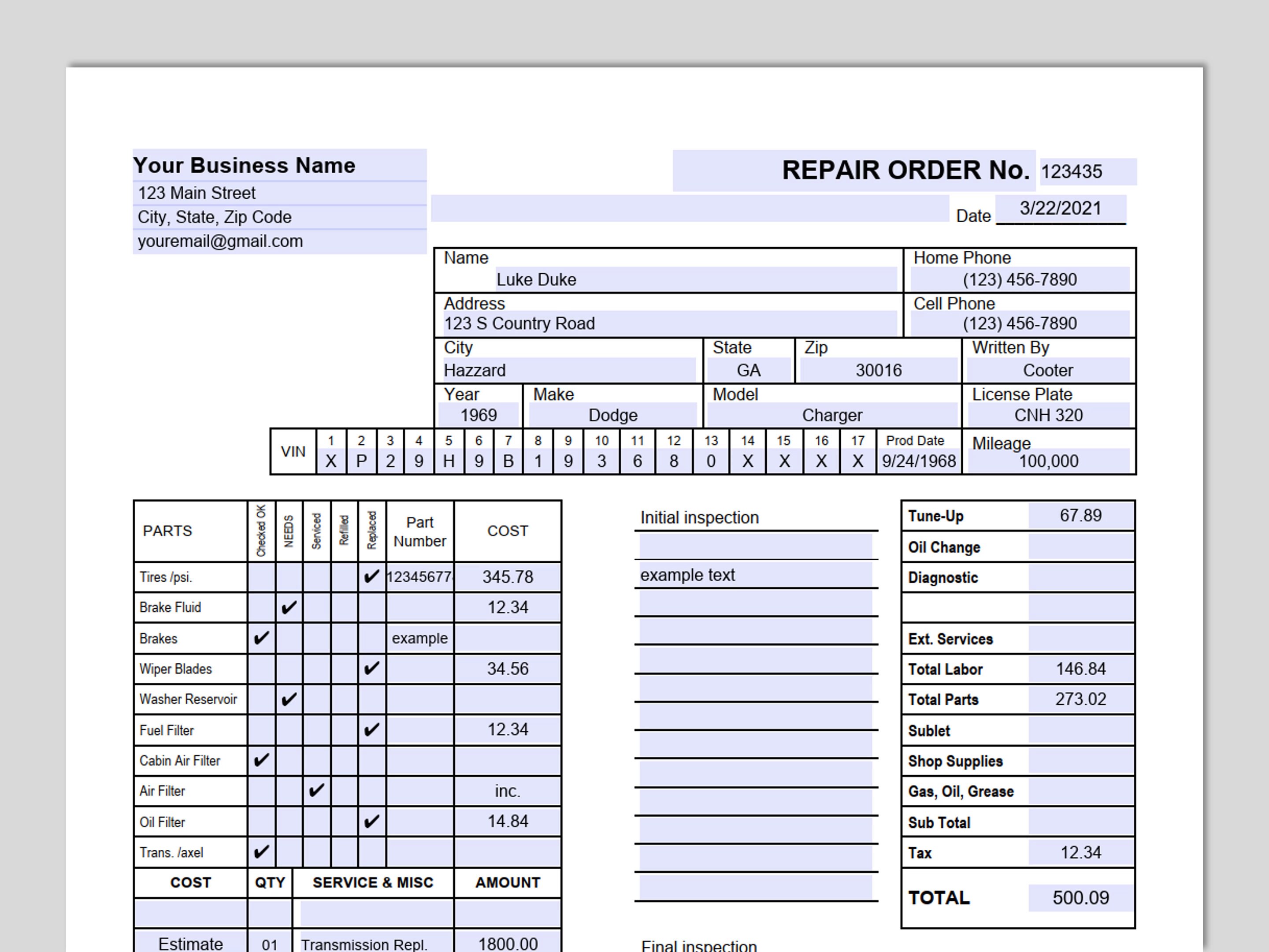 Auto Repair Order or Bill, Ticket, Invoice, Estimate and Auto Repair ...