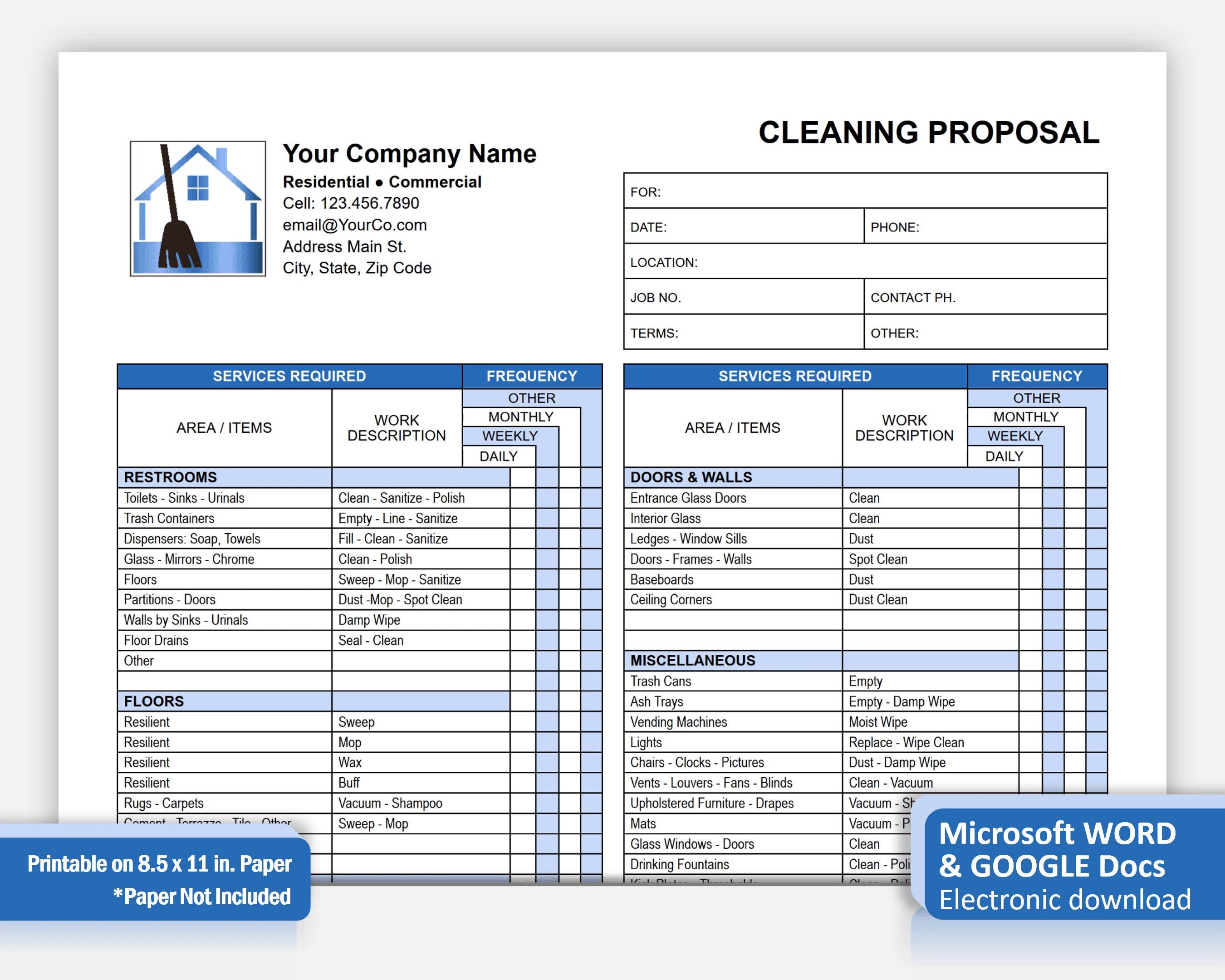 Blue Cleaning Proposal Template WORD Commercial Cleaning - Etsy
