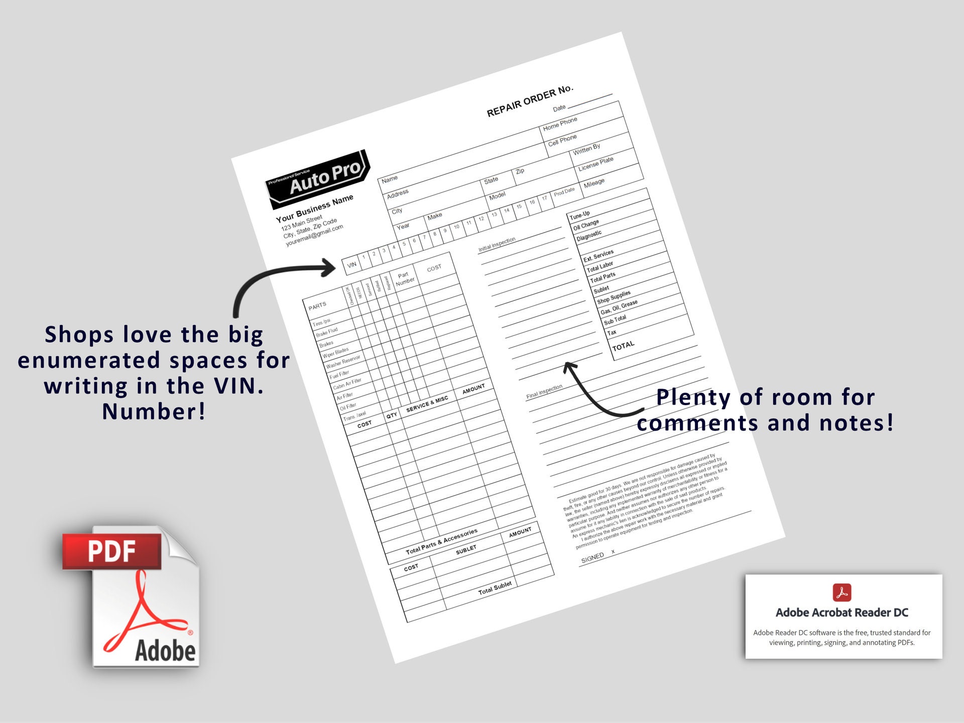 Auto Repair Order or Bill, Ticket, Invoice, Estimate and Auto Repair ...