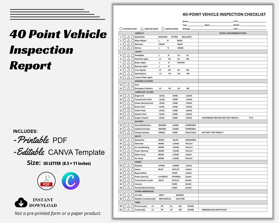 40-point Vehicle Inspection Report, Multi-point Inspection Checklist ...