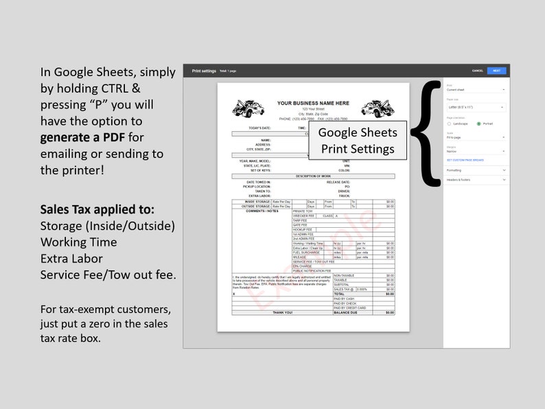 Towing Invoice Template Auto-calculated PDF Towing Invoice Form Google ...