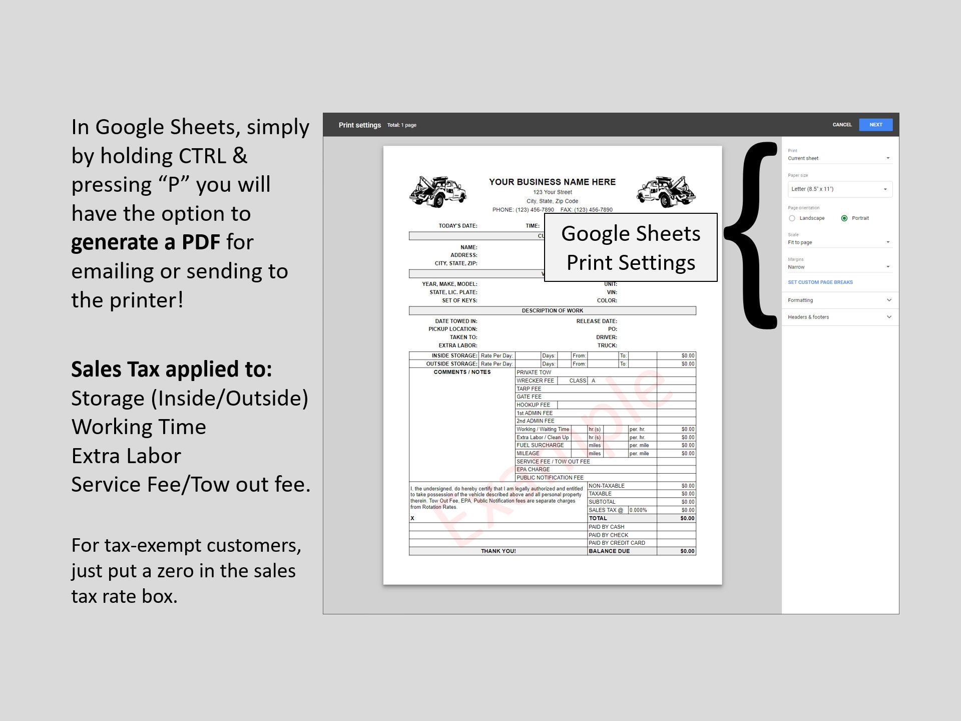 Towing Invoice Template, Auto-calculated PDF Towing Invoice Form ...