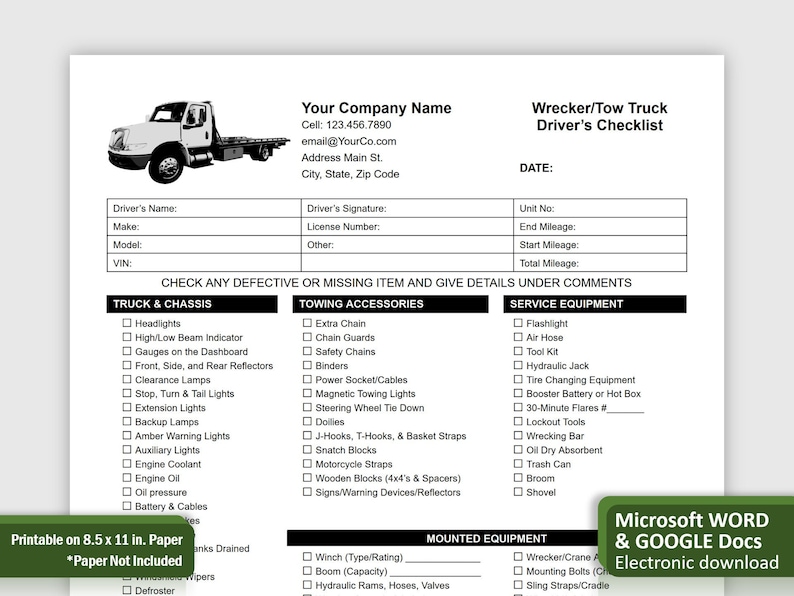 Tow Truck Checklist for Drivers, Wrecker Towing Equipment Checklist ...
