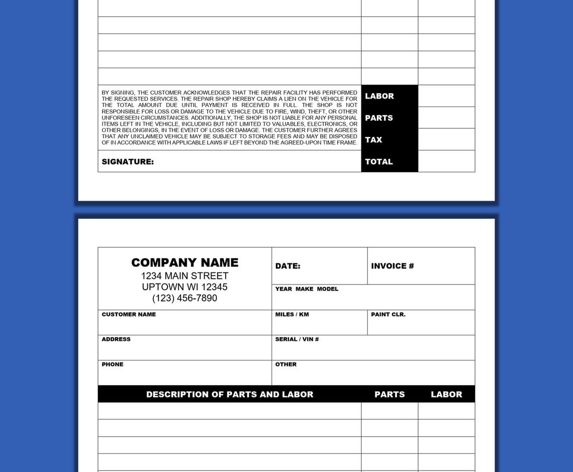 Basic Auto Repair Invoice Template for Mechanics or Any Other Type of ...