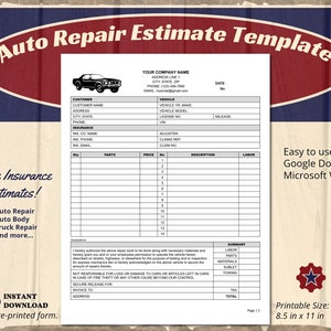 Auto Repair Estimate Template With Insurance Info, Also Used as an Auto ...