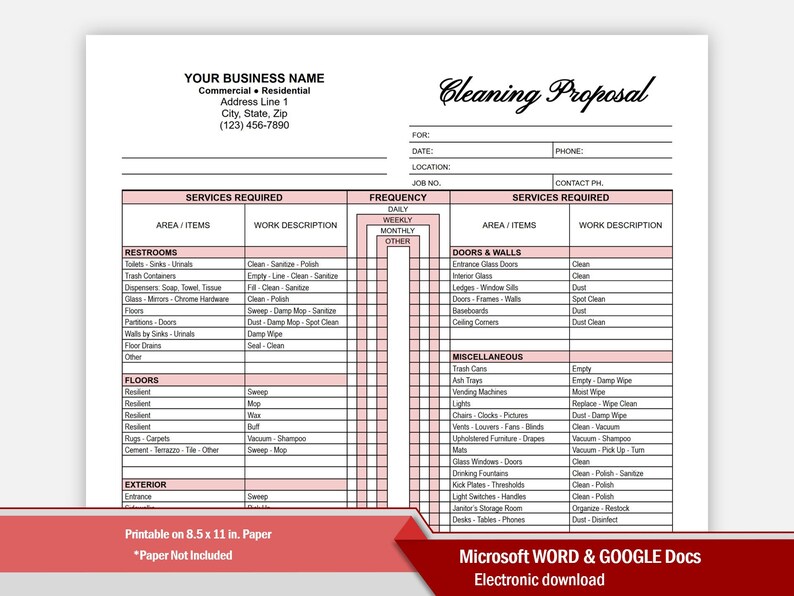Classy Cleaning Proposal Template WORD Red Commercial - Etsy