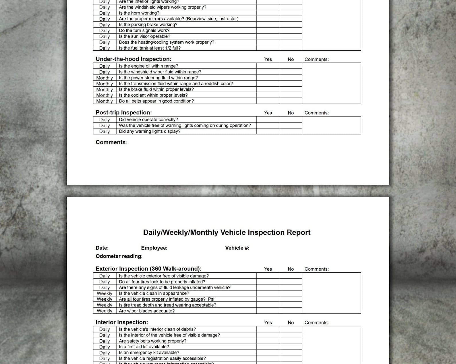 Vehicle Inspection Report, Daily, Weekly, Monthly, PDF Printable ...