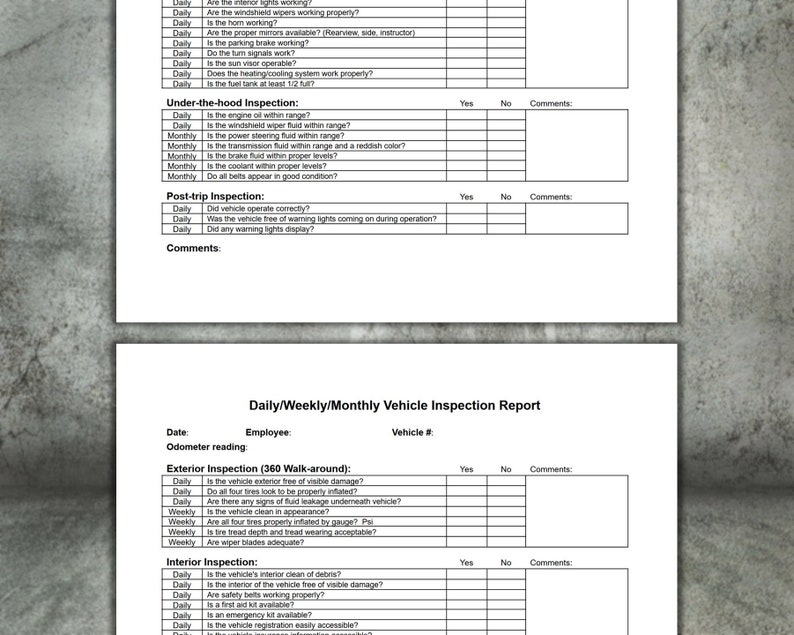 Vehicle Inspection Report, Daily, Weekly, Monthly, PDF Printable ...