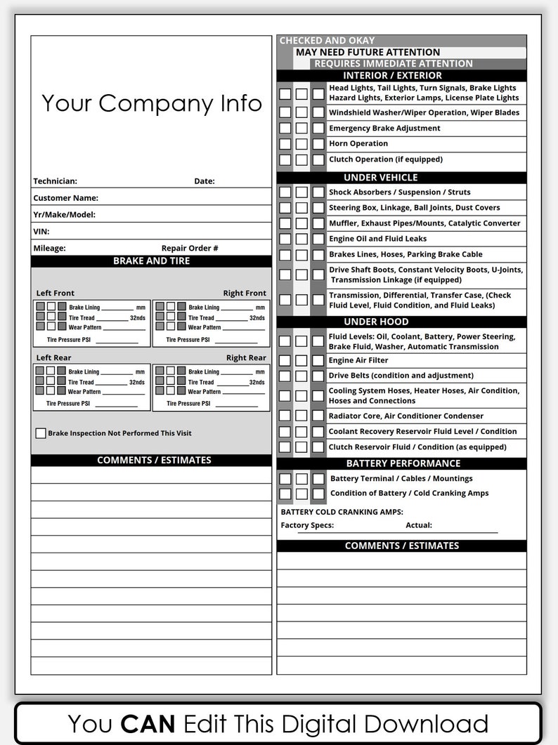 PDF Printable Vehicle Inspection Report Used Vehicle - Etsy Canada