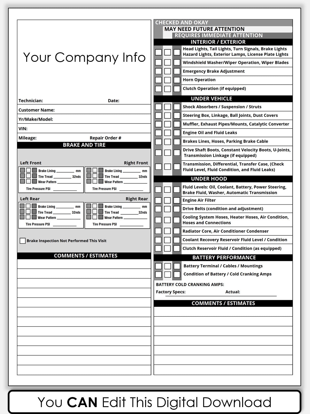 PDF Printable Vehicle Inspection Report CANVA Template - Etsy Australia