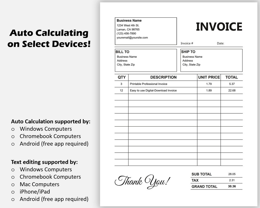 Auto-calculate Form Fields as You Fill Them In, Printable Invoice ...