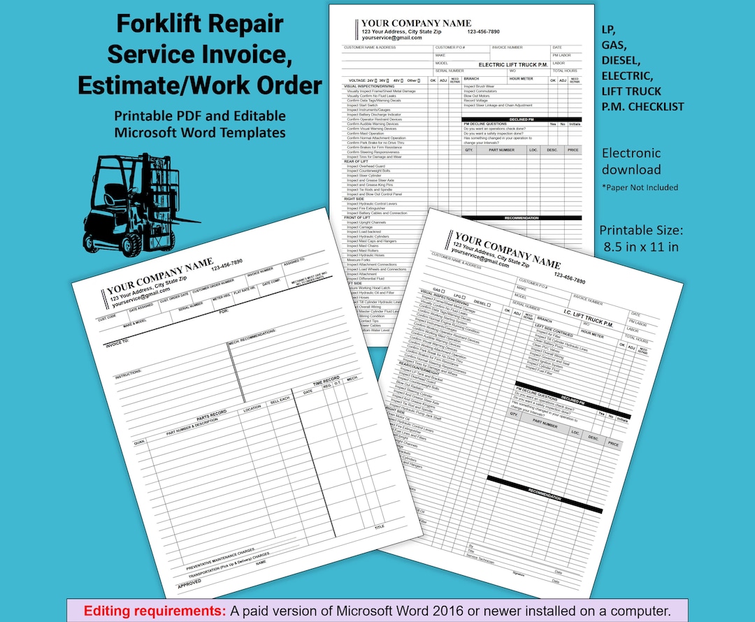 Forklift Repair Invoice, Estimate, or Work Order for Industrial ...