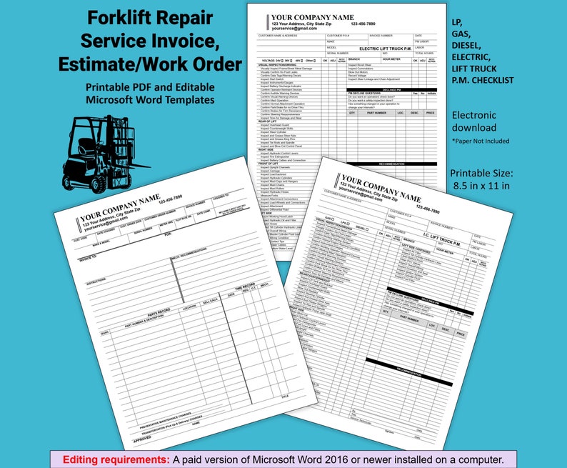 Forklift Repair Invoice, Estimate, or Work Order for Industrial ...