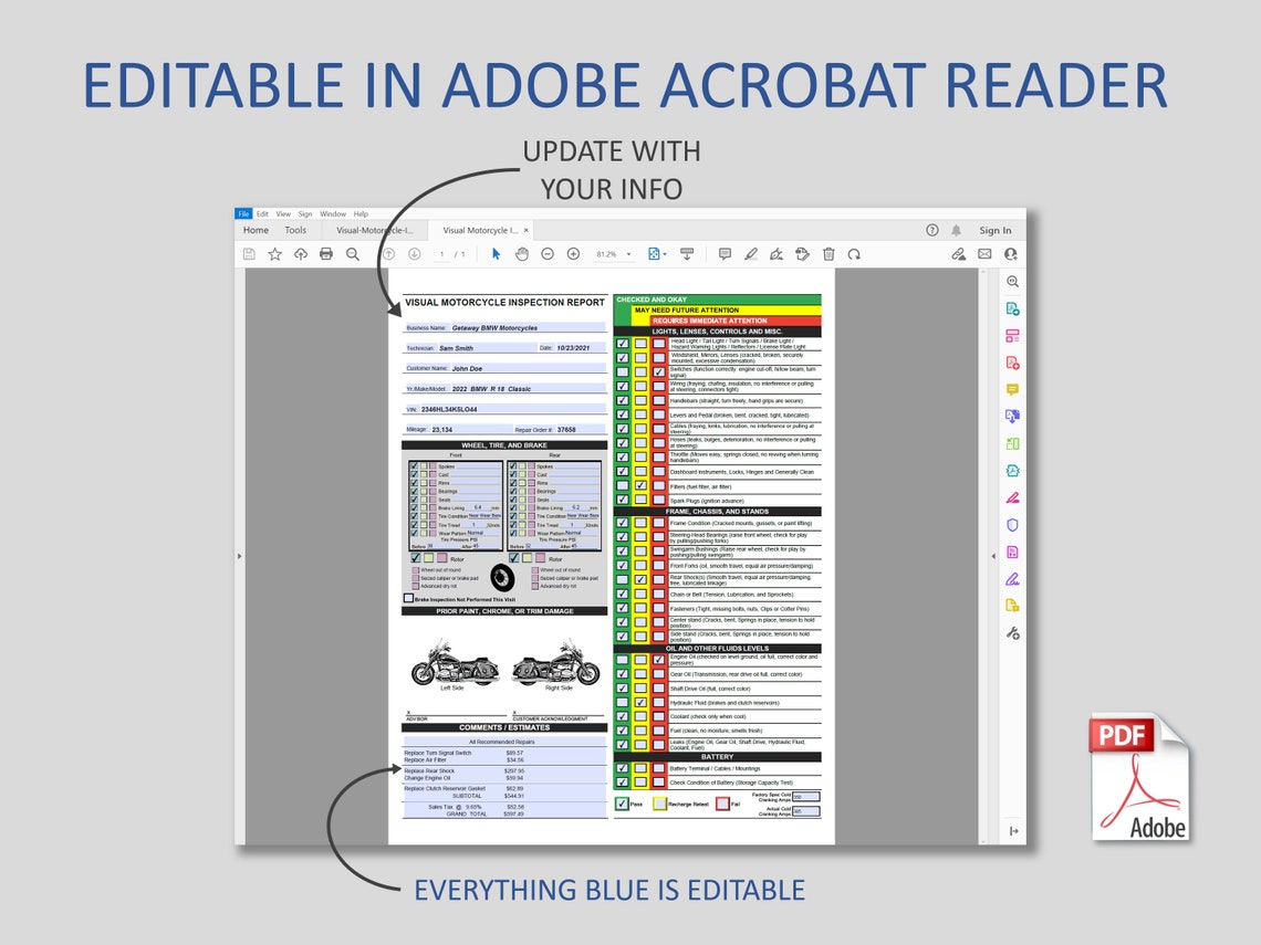 Visual Motorcycle Inspection Report Fillable PDF Multi-point - Etsy