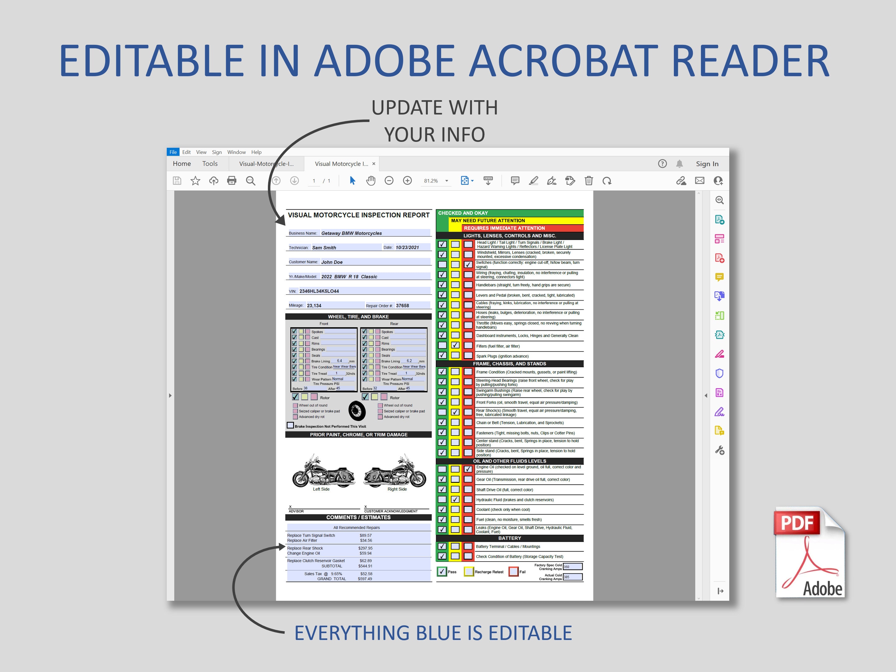 Visual Motorcycle Inspection Report Fillable PDF Multi-point Motorcycle ...