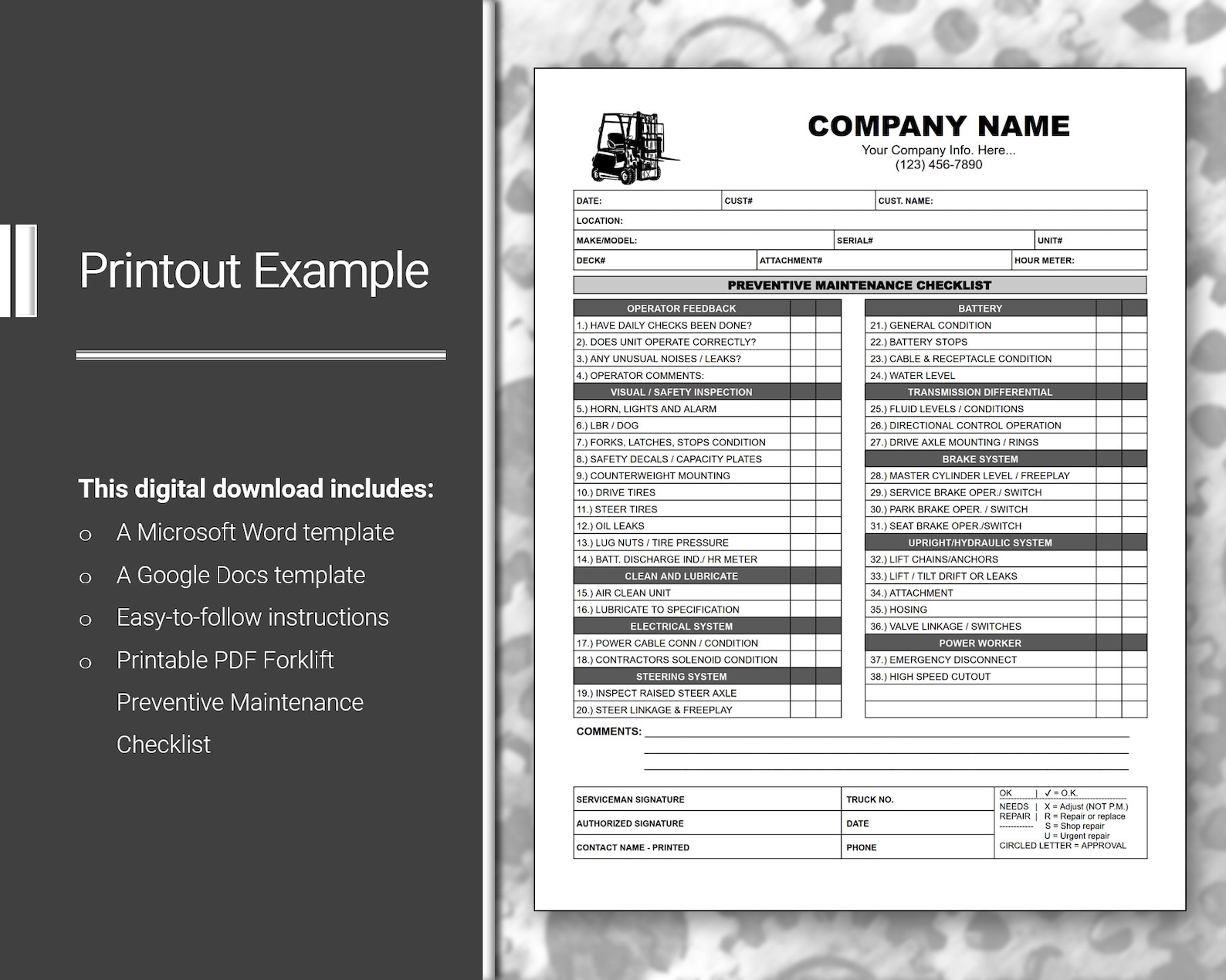 Electric Forklift Preventive Maintenance Checklist, Printable Forklift ...