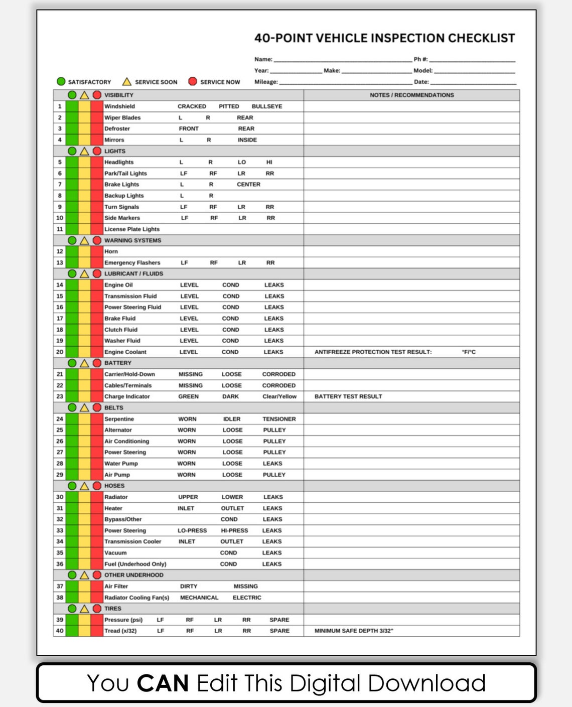 Multi-point Vehicle Inspection, 40 Point Vehicle Inspection Checklist ...