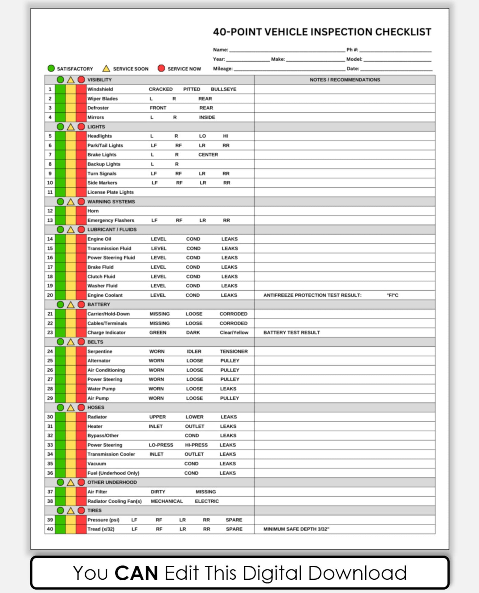 Multi-point Vehicle Inspection, 40 Point Vehicle Inspection Checklist ...