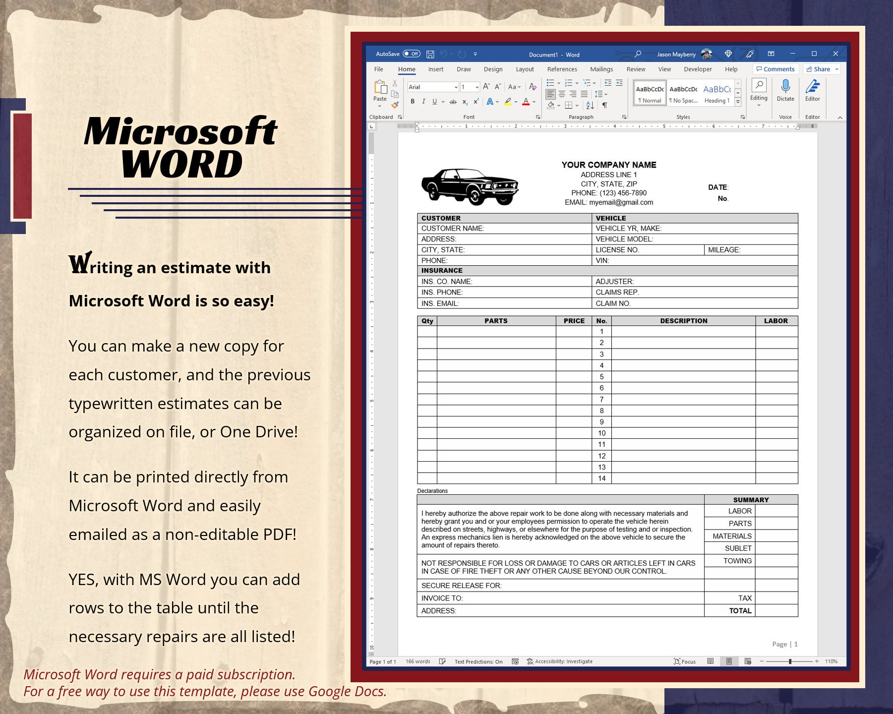 Auto Repair Estimate Template With Insurance Info, Also Used as an Auto ...