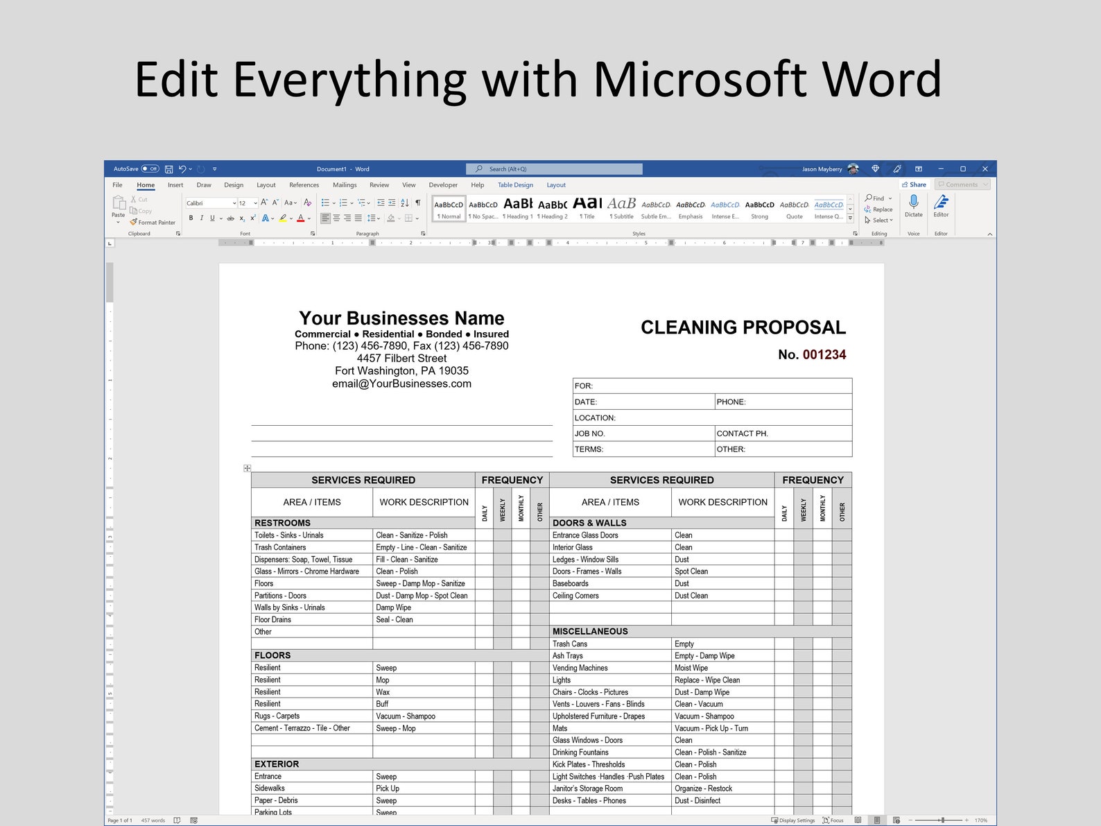 Cleaning Proposal Template, Basic Editable Microsoft WORD and Adobe ...