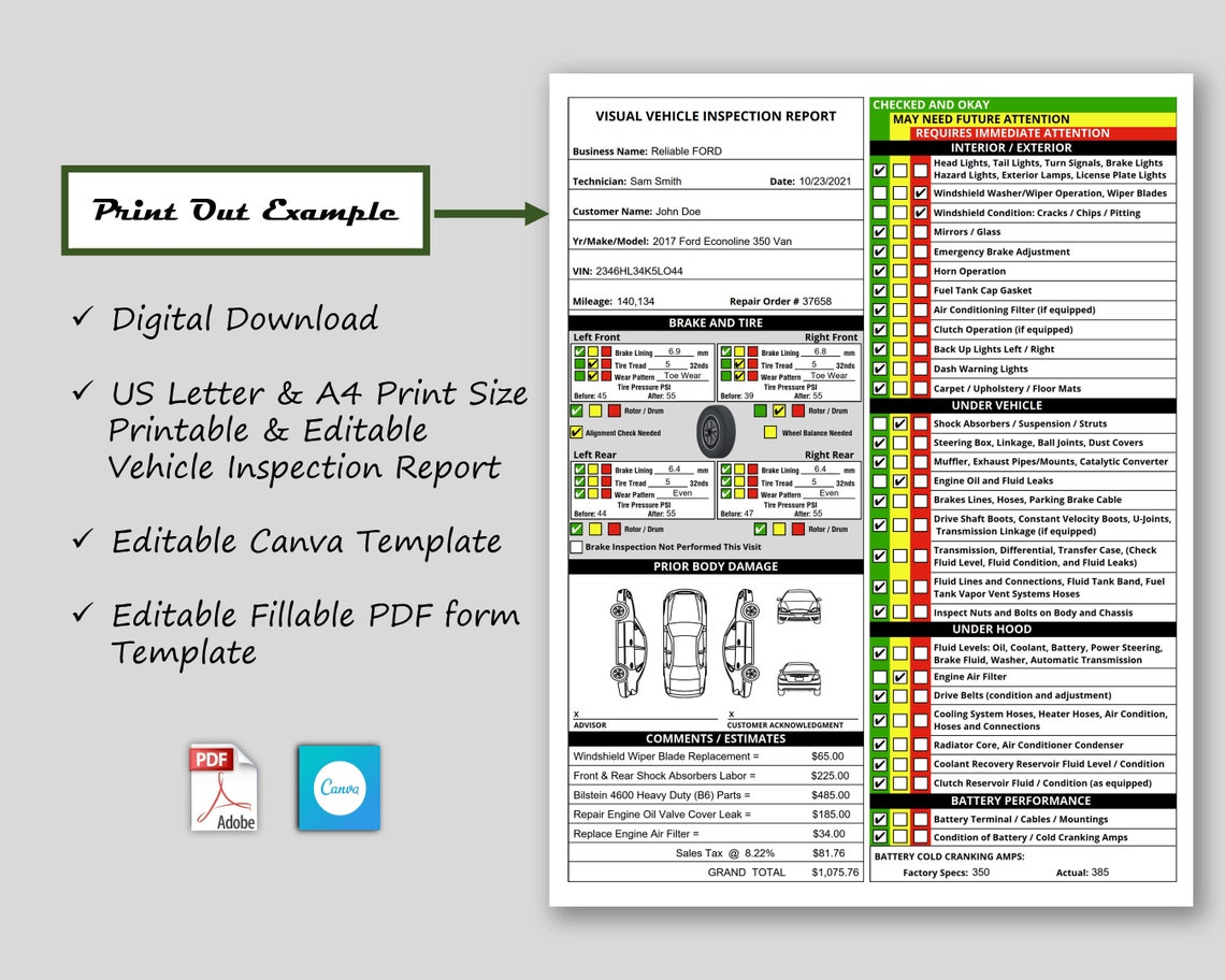 Visual Vehicle Inspection Report Fillable PDF Multi-point - Etsy Canada