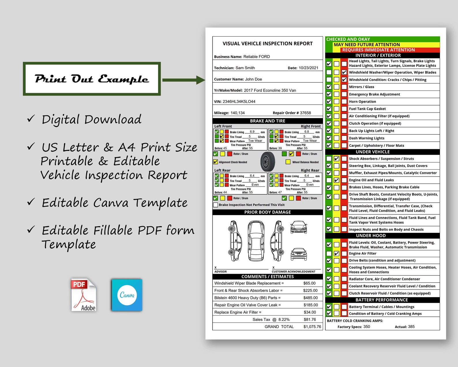 Visual Vehicle Inspection Report | Fillable PDF Multi-point Vehicle ...
