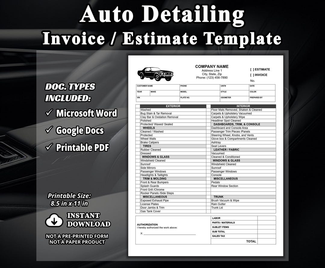 Auto Detailing Estimate or Invoice Template, Auto Detailing Checklist ...