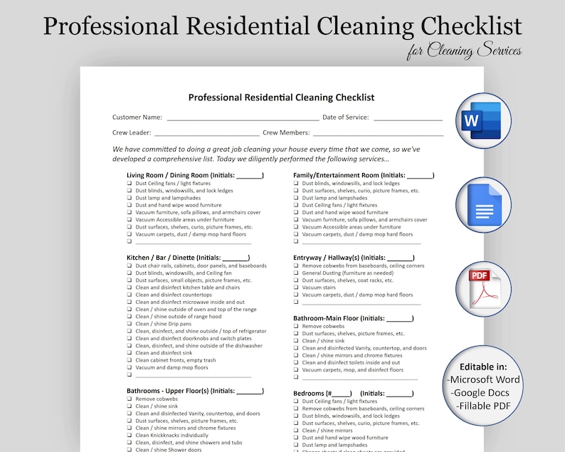 Professional Residential Cleaning Checklist Editable House - Etsy