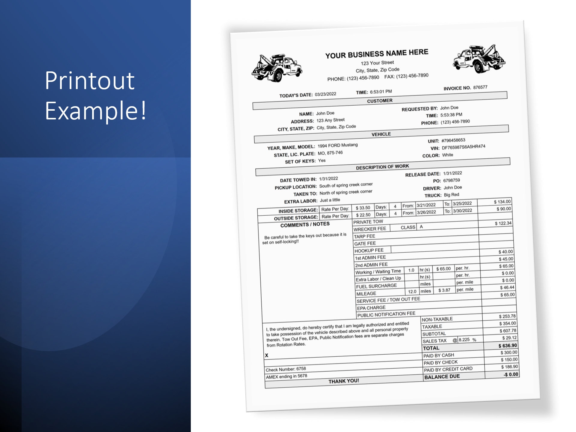 Towing Invoice Template, Auto-calculated PDF Towing Invoice Form ...