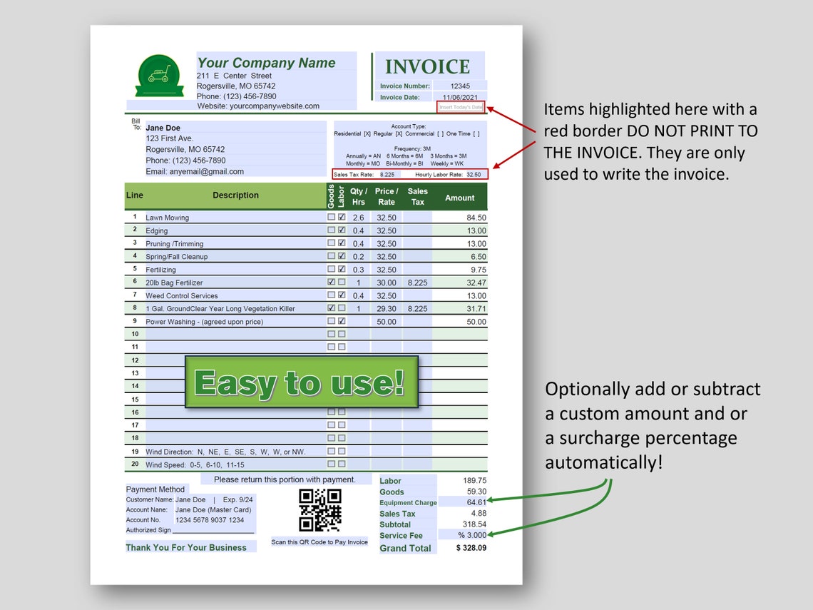 Lawn Care & Landscaping Invoice or Work Order Editable - Etsy