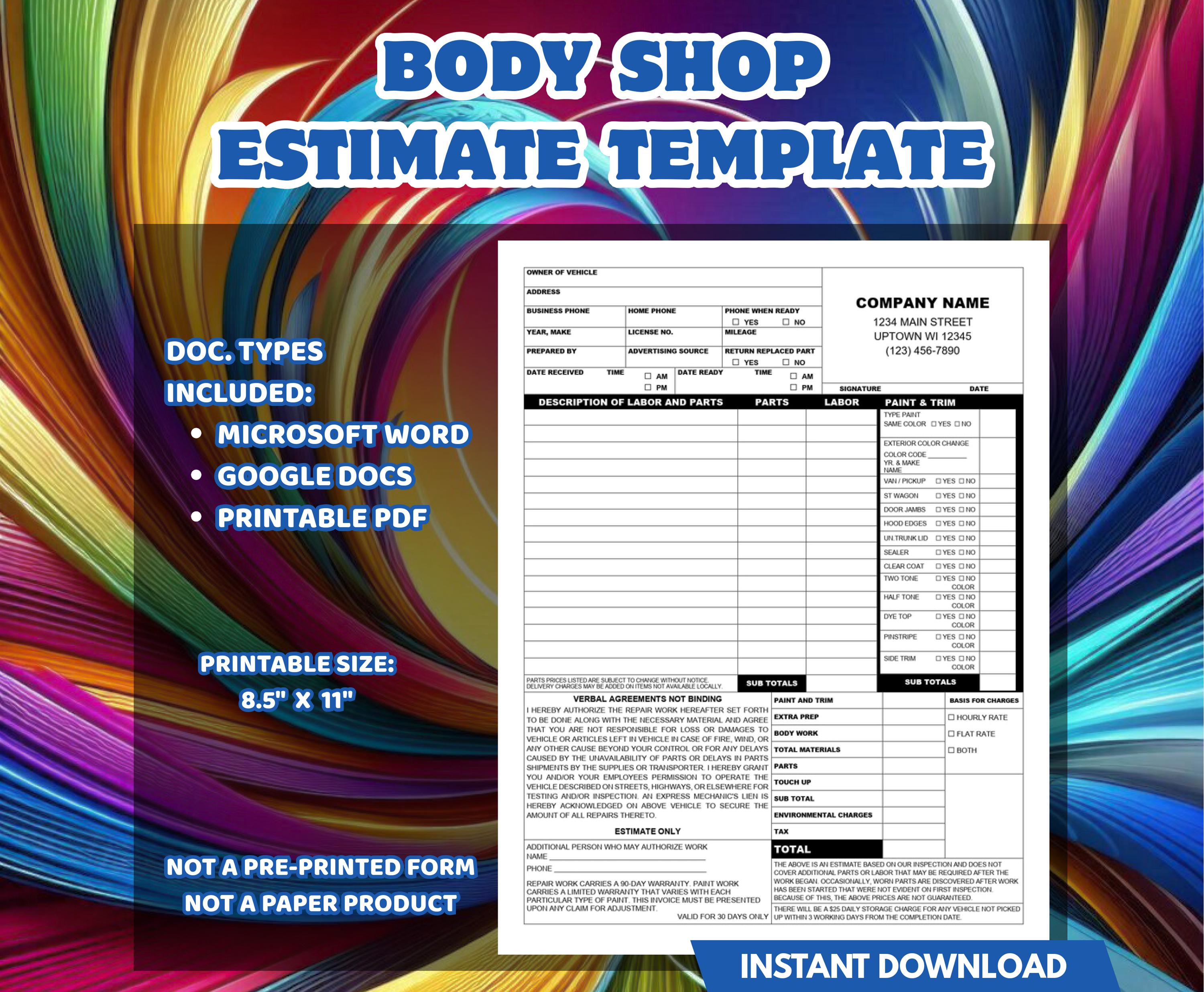 Paint and Auto Body Shop Estimate Template, for Custom or Restoration ...